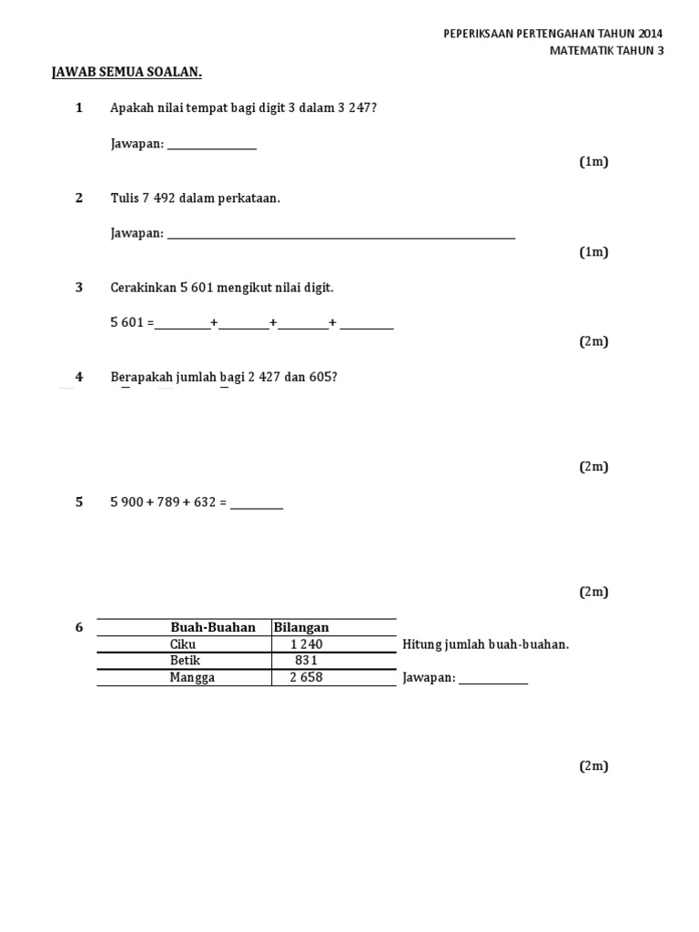 Soalan Matematik Tahun 3 | PDF