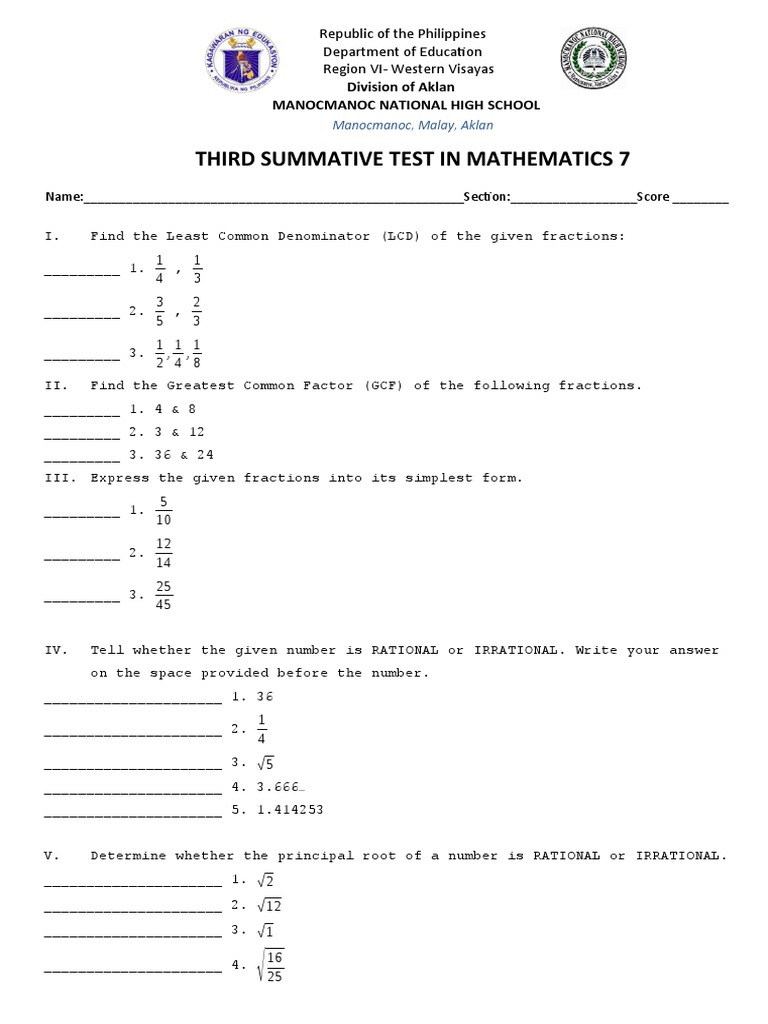 3RD Summative Test in Math 7 Quarter 1 | PDF | Numbers | Rational Number
