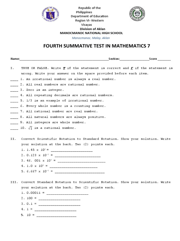 Grade 7 Math 4th Quarter Exam | PDF