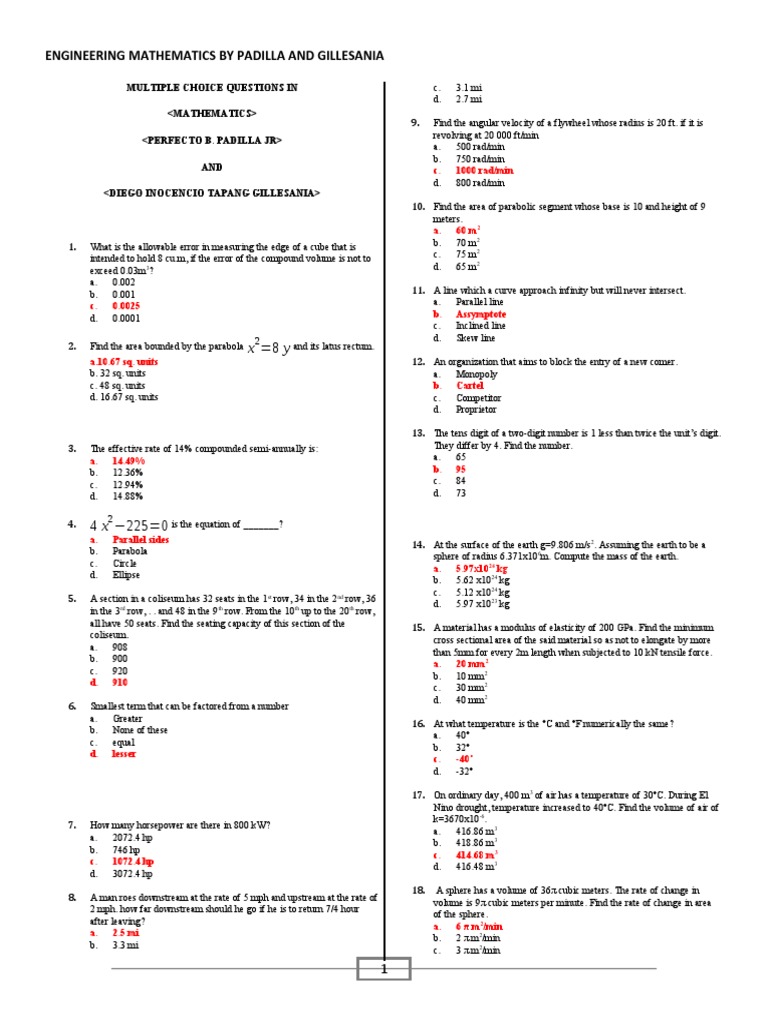 MULTIPLE CHOICE QUESTIONS in ENGINEERING MATHEMATICS by PERFECTO B ...