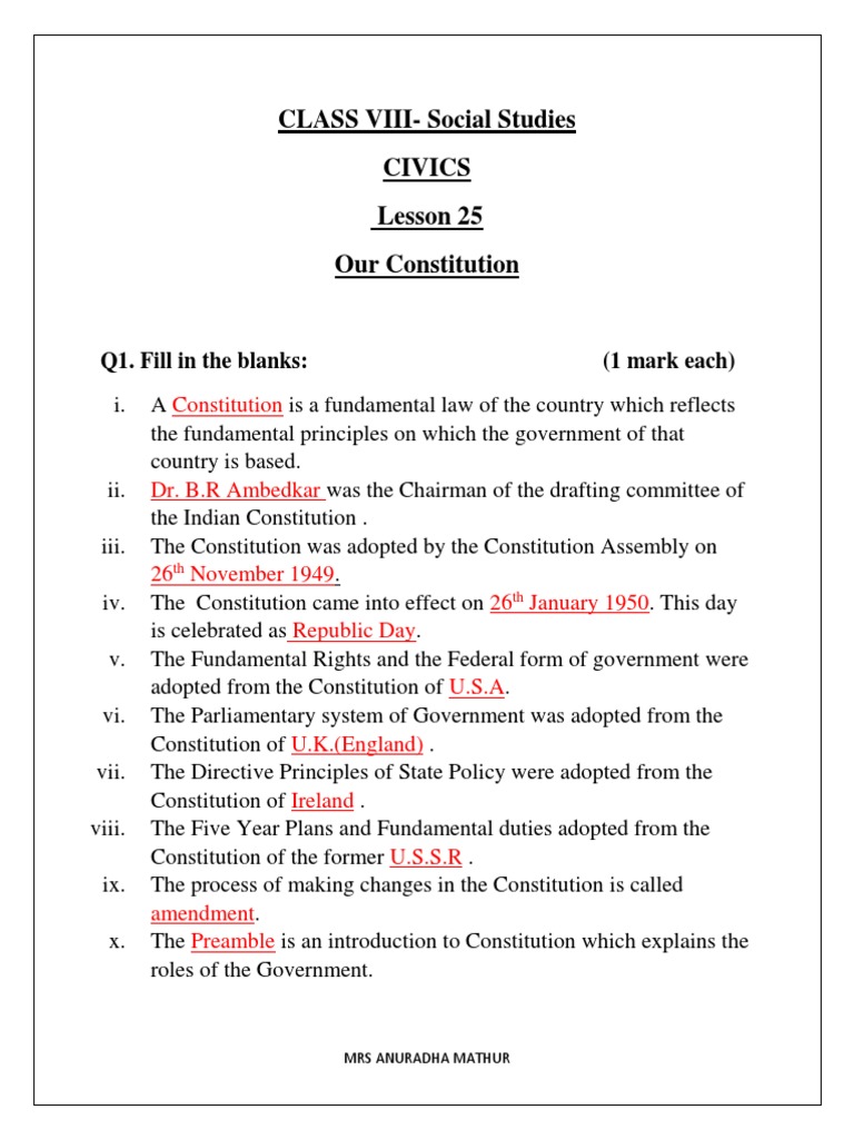 CLASS VIII-Social Studies Civics Lesson 25 Our Constitution | PDF ...