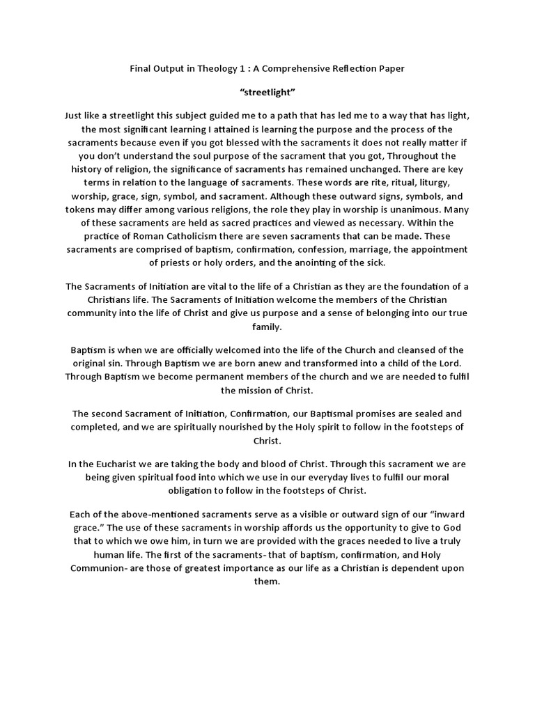 Theology 1 Reflection on Sacraments | PDF | Sacraments | Eucharist