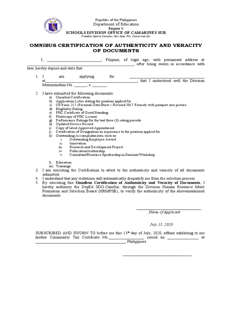 Omnibus Certification of Authenticity | PDF | Government And Personhood ...