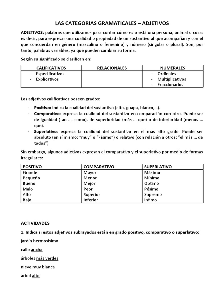 LAS CATEGORIAS GRAMATICALES (Adjetivos) | PDF | Adjetivo | Sustantivo