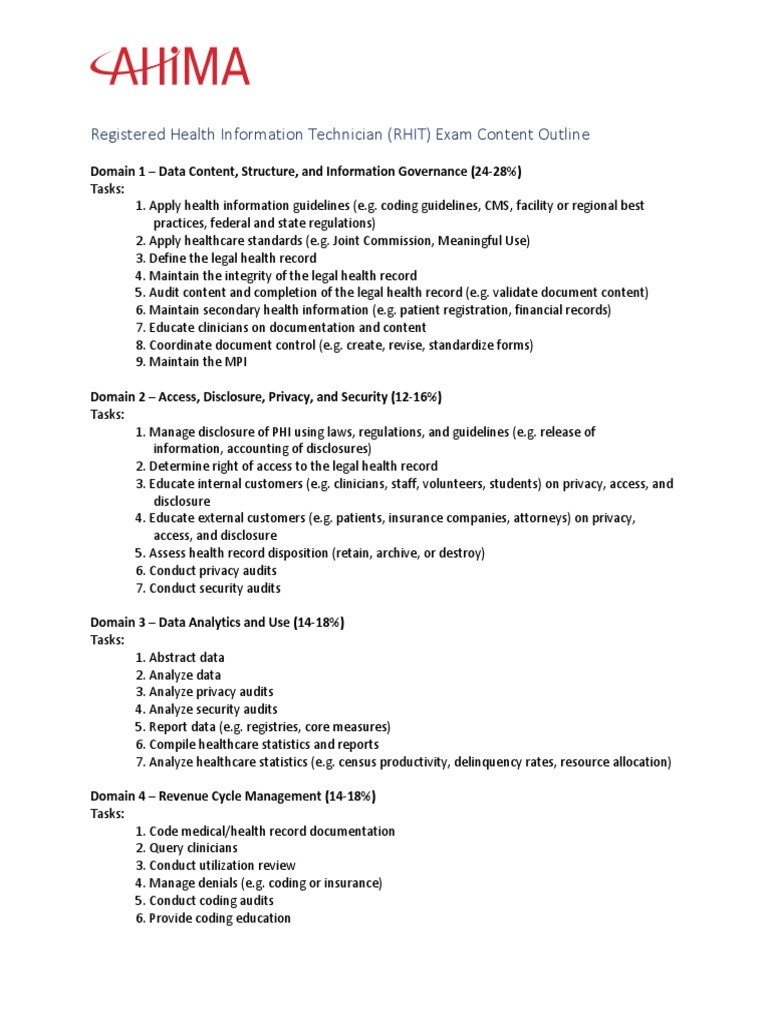 Registered Health Information Technician Rhit Exam Content Outline ...