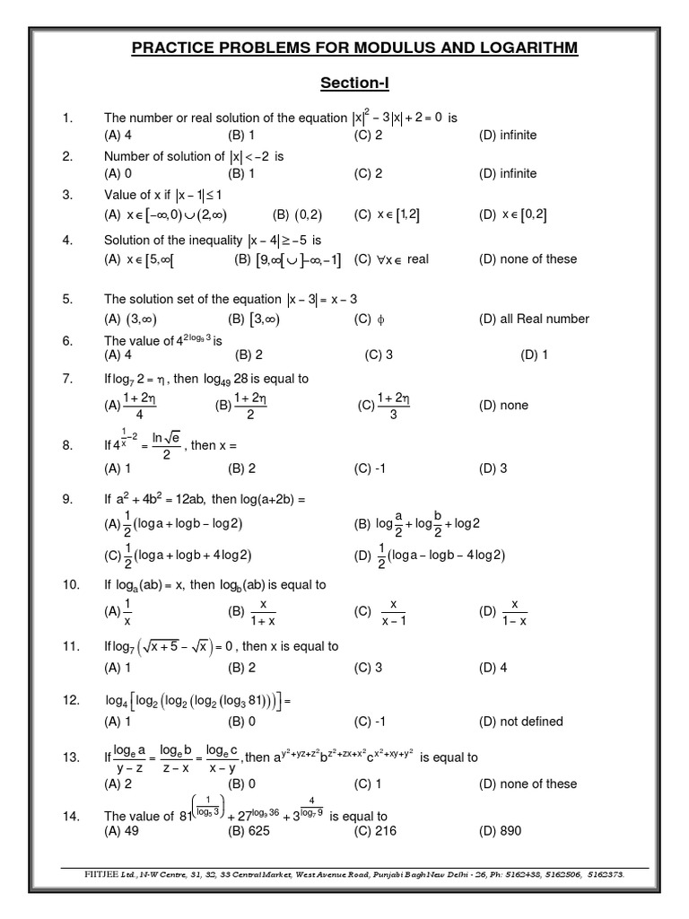 Practice Problems For Modulus and Logarithm Section-I: Fiitjee | PDF | Mathematical Concepts ...