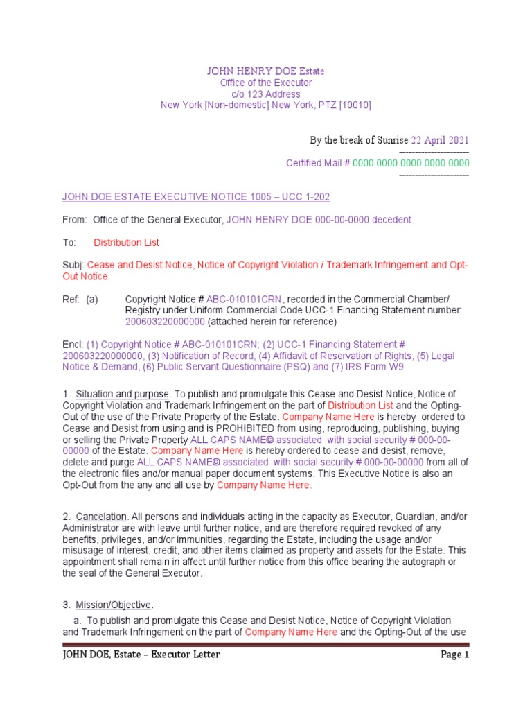 Executor-Letter Secondary Bureaus Word Format | PDF | Fiduciary ...