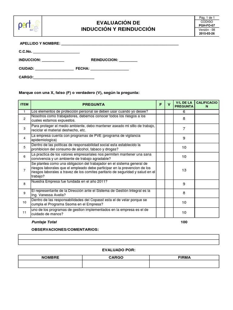Evaluacion de Induccion y Reinduccion V8 | PDF | Negocios