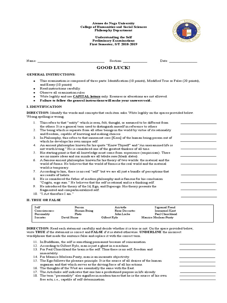 Prelims Understanding The Self | PDF | Cognition | Western Philosophy