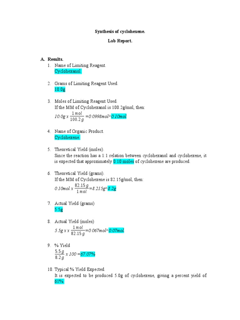 Synthesis of Cyclohexene Lab Report | PDF | Mole (Unit) | Chemical Process Engineering