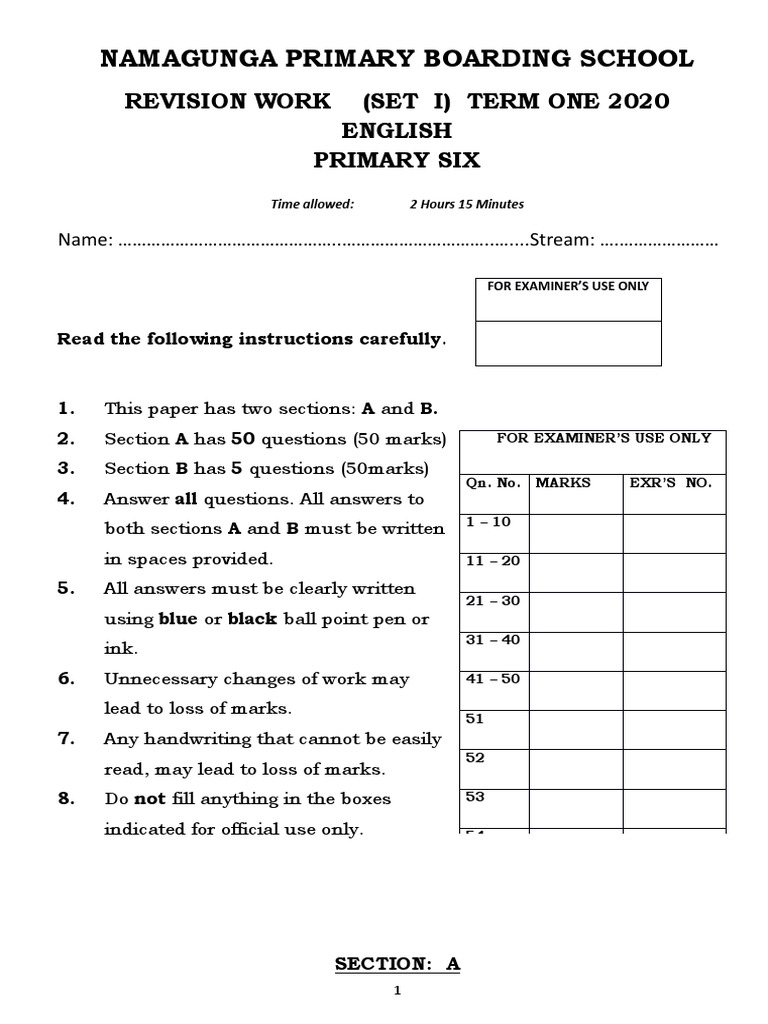 Namagunga Primary Boarding School: Revision Work (Set I) Term One 2020 ...