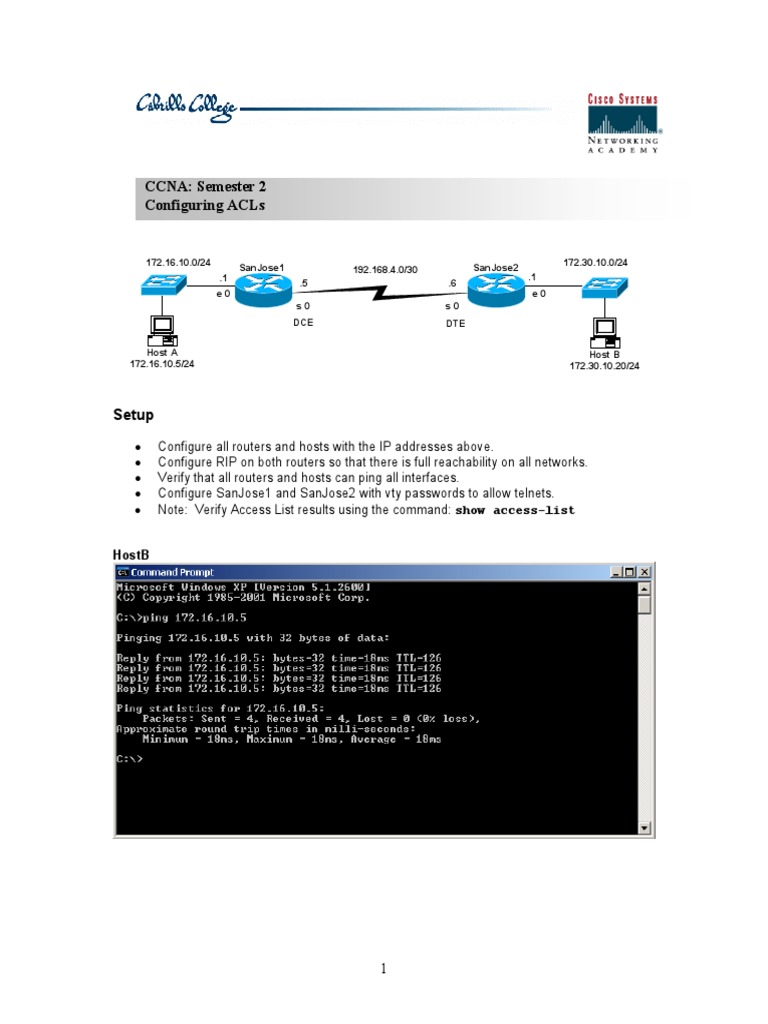 Ccna: Semester 2 Configuring Acls: Hostb | PDF | Internet Protocols | Internet Standards