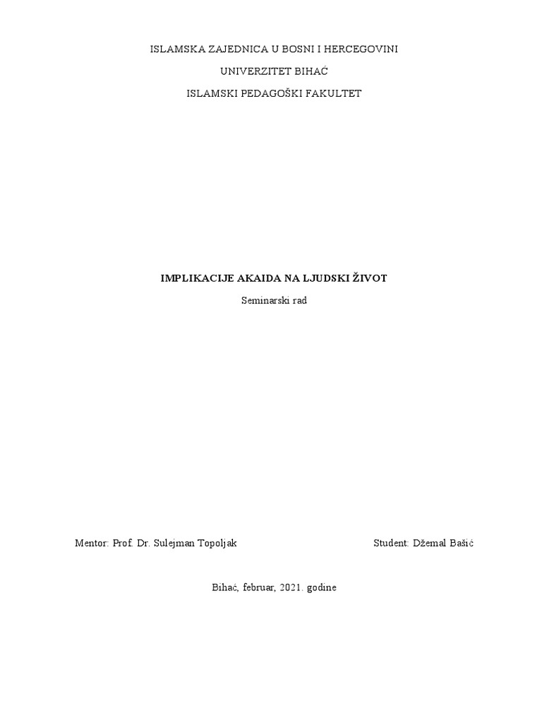 Seminarski Rad Iz Akaida (Temelja Vjerovanja) | PDF