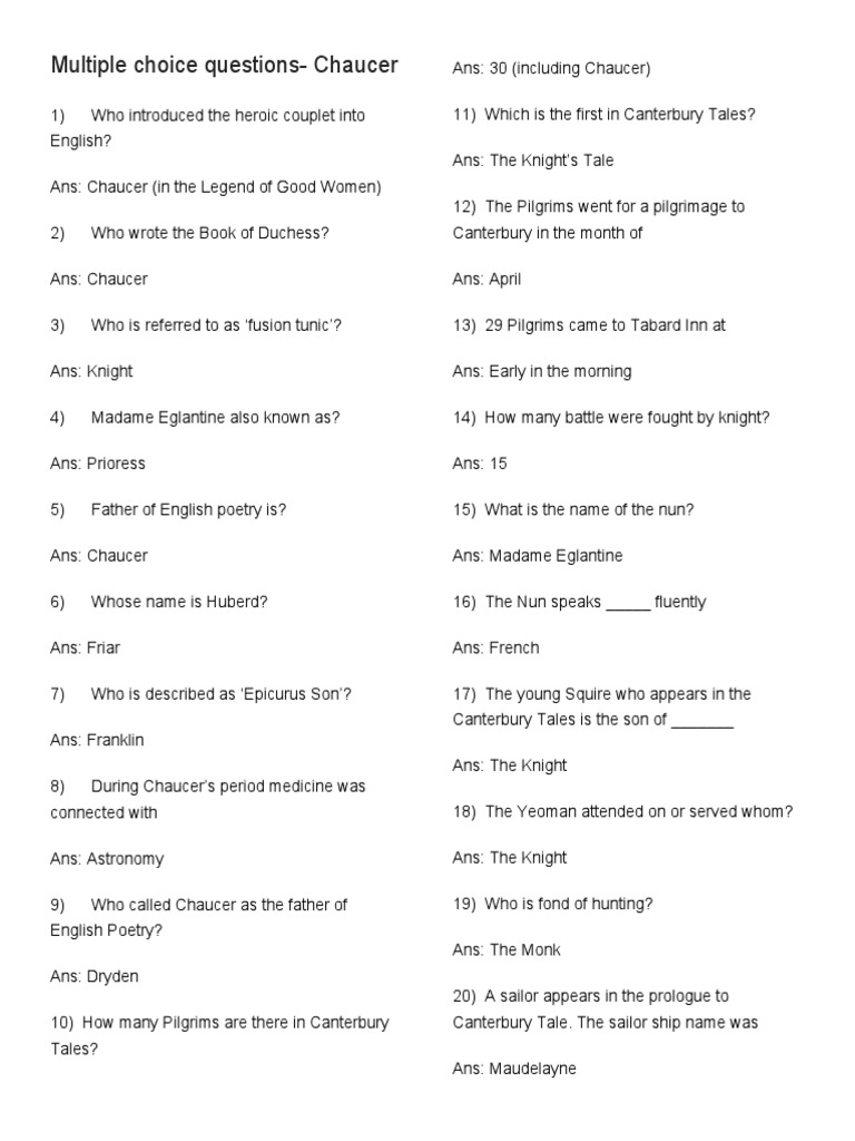 Multiple Choice Questions-Chaucer | PDF | The Canterbury Tales | Middle ...