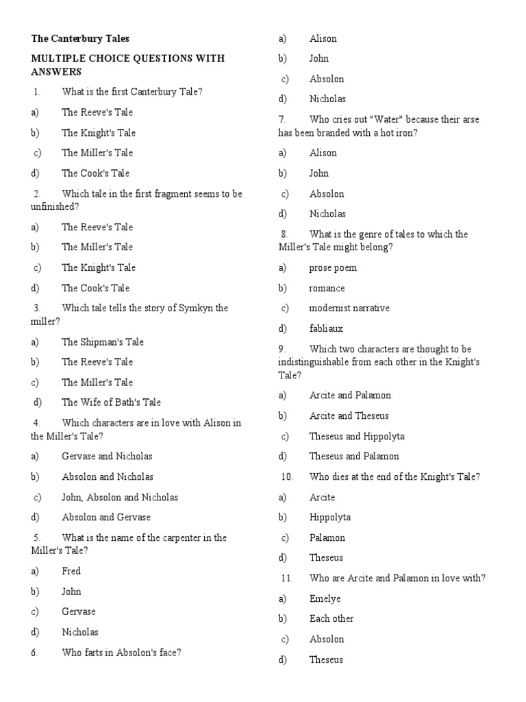 The Canterbury Tales Multiple Choice Questions With Answers | PDF | The ...