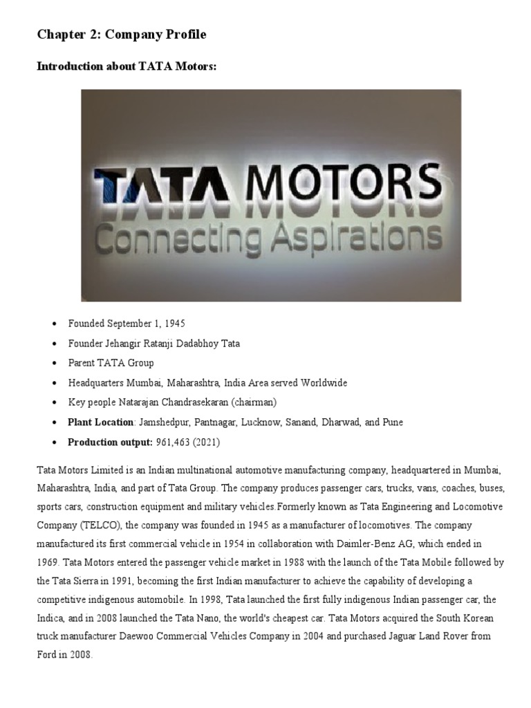 Chapter 2: Company Profile: Introduction About TATA Motors | PDF ...