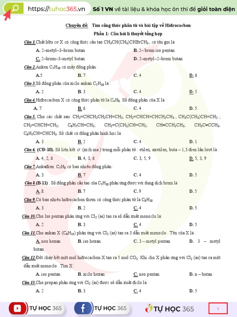 Tuhoc365.Vn Bài Tập Tìm CTPT Của Hiđrôcacbon Có Đáp Án | PDF