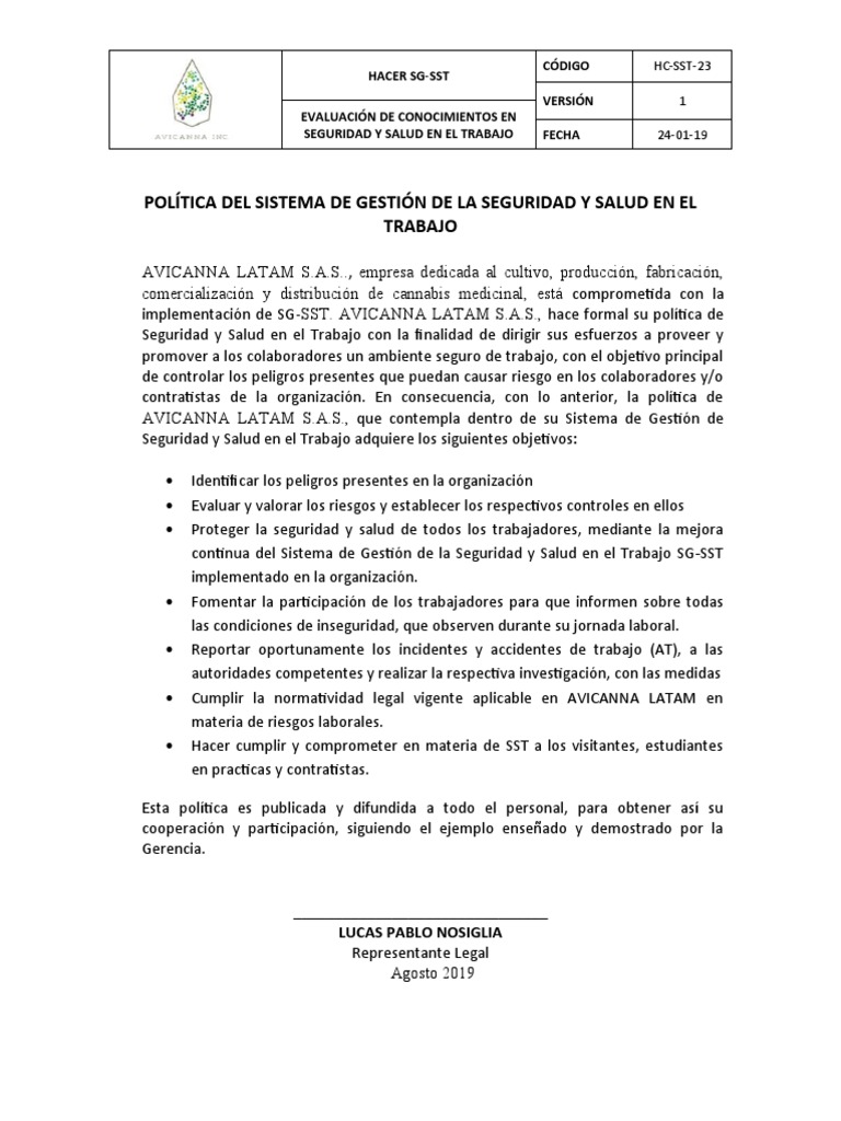 Or-Sst-01 Política SG-SST | PDF | Negocios