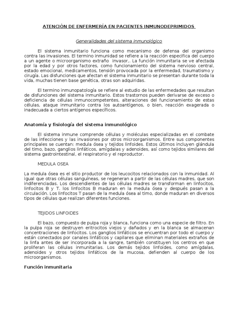 Atención de Enfermería en Inmunodeprimidos | PDF | Sistema inmune ...