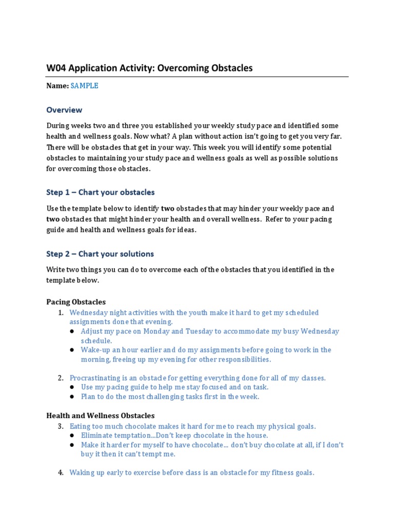 W04 Application Activity: Overcoming Obstacles: Sample | PDF | Behavior Modification | Cognition