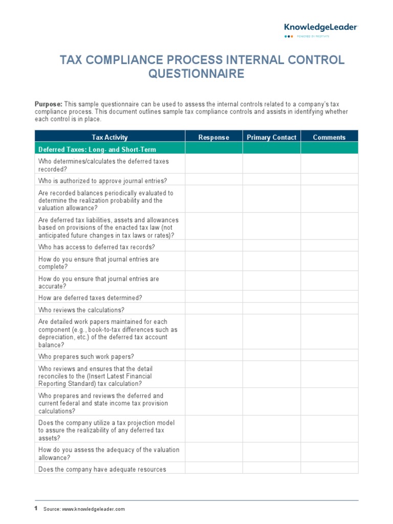 Tax Compliance Process Internal Control Questionnaire | PDF | Deferred ...