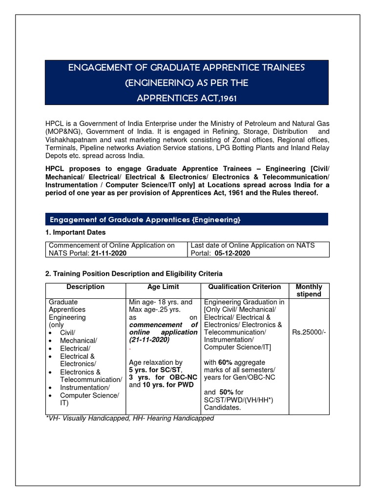 Advertisement 2020 HPCL GAT | PDF | Apprenticeship | Academic Degree