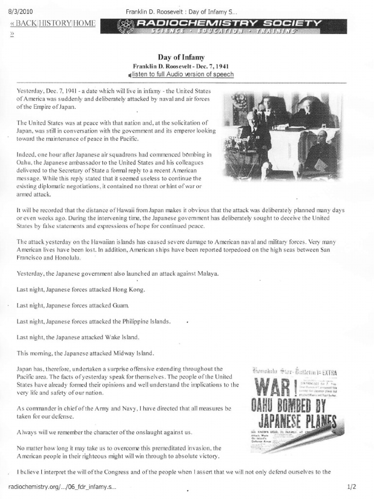FDR's Day of Infamy Speech Text | PDF | Empire Of Japan | Japan