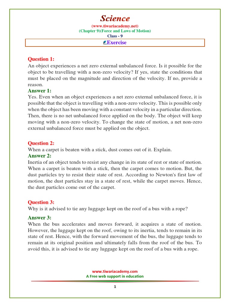 9 Science NcertSolutions Chapter 9 Exercises | PDF | Force | Momentum