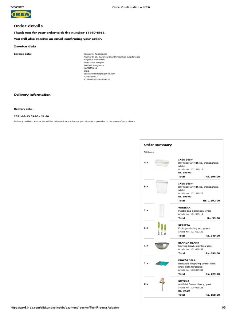 Order Confirmation - IKEA | PDF