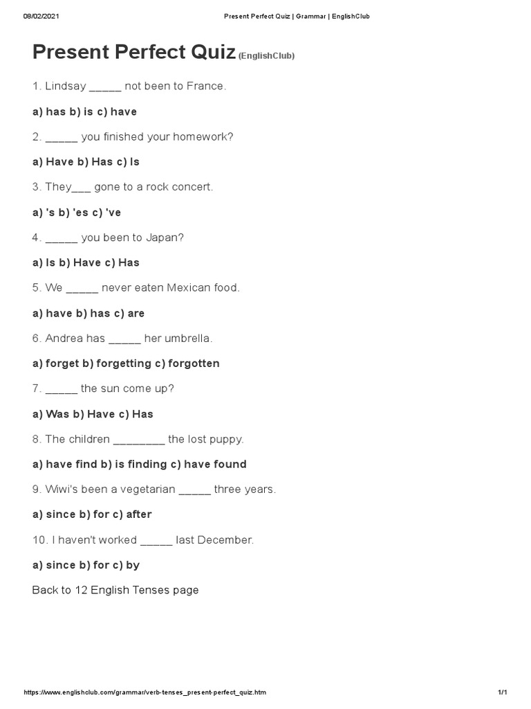 Present Perfect Quiz for English Learners | PDF | Language Arts ...