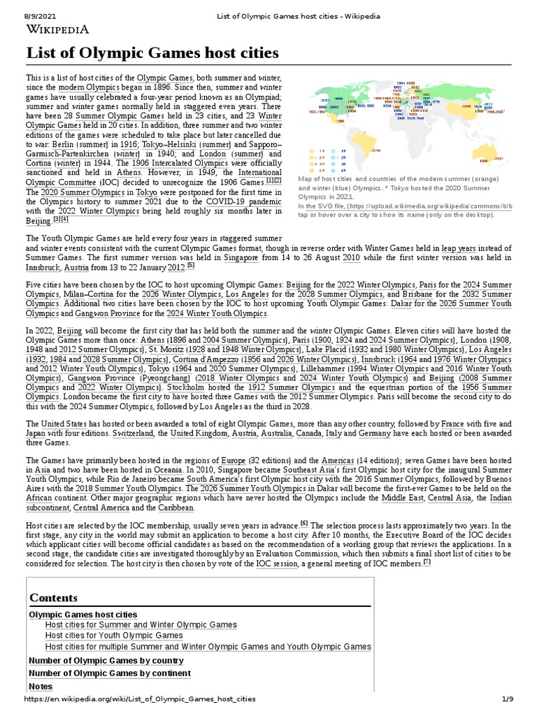 List of Olympic Games Host Cities - Wikipedia | PDF | Olympic Games ...