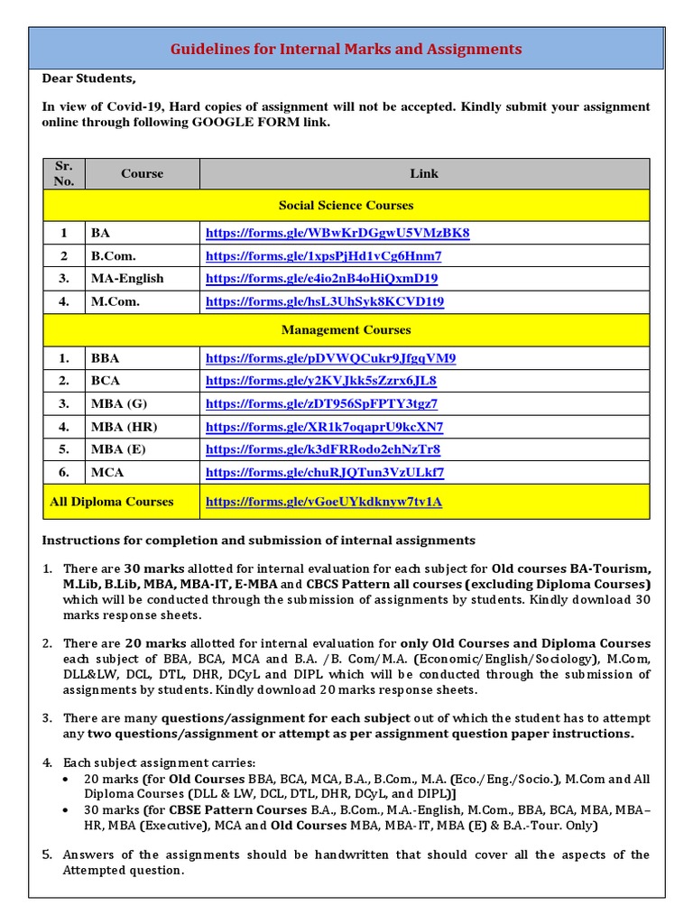 Updated Guidelines For Internal Marks and Assignments Online | PDF ...