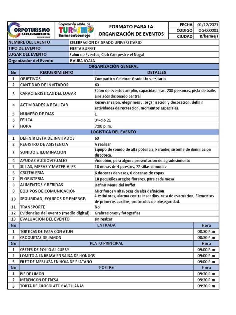Formato Organizacion de Evento - 01 | PDF | Alimentos