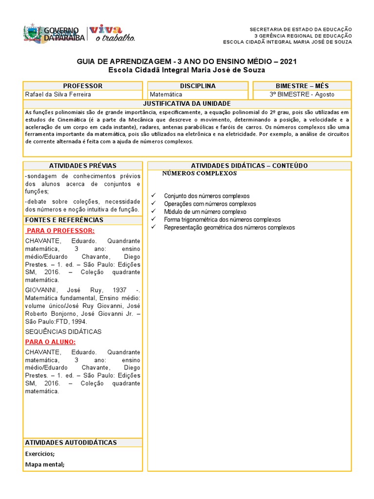 Rafael Ferreira GUIA DE APRENDIZAGEM 3 ANO 3 Bimestre | PDF | Número ...