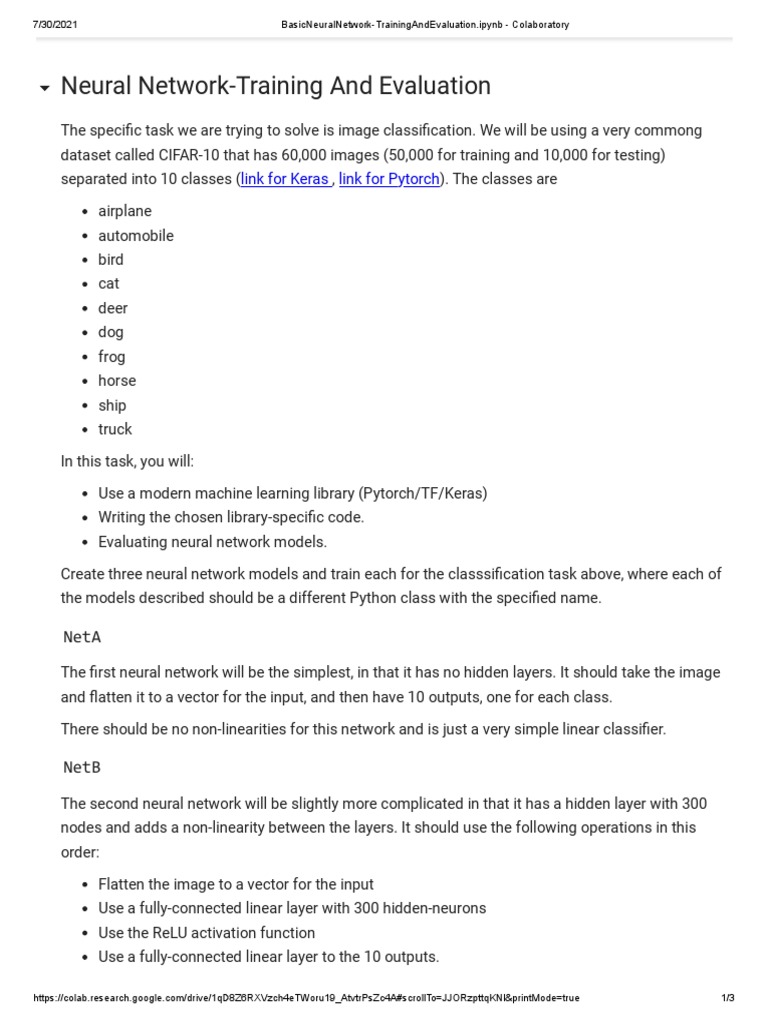 BasicNeuralNetwork TrainingAndEvaluation - Ipynb Colaboratory | PDF | Artificial Neural Network ...