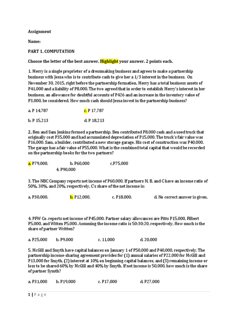 Assignment Name: Part 1. Computation Choose The Letter of The Best ...