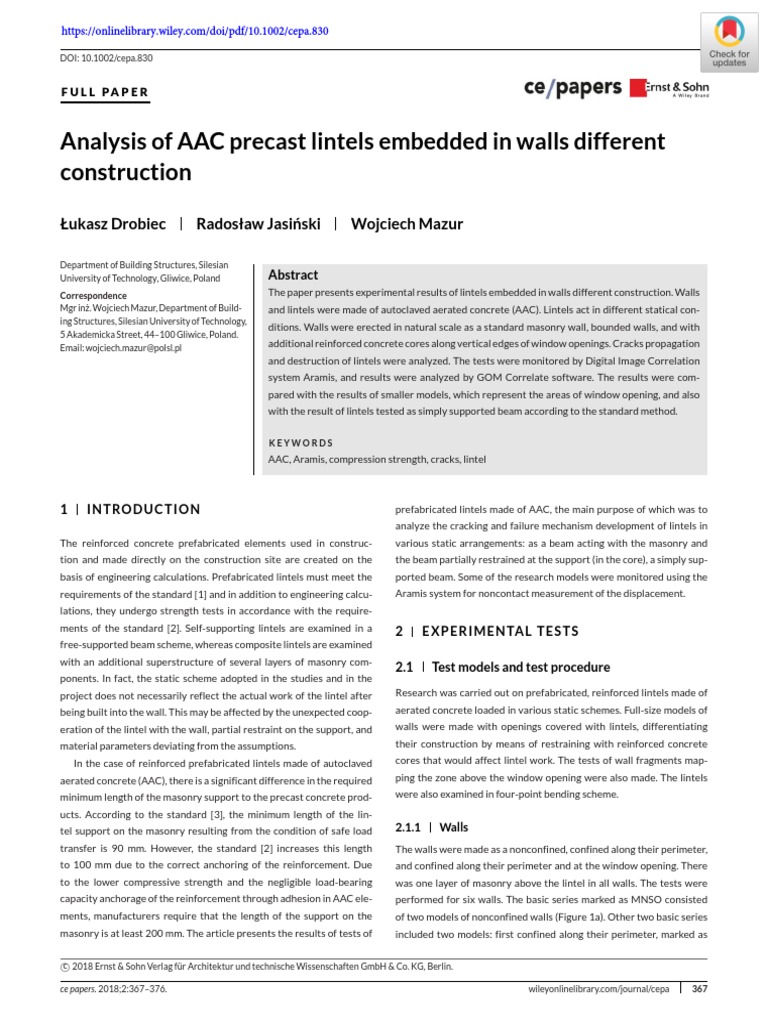 Analysis of AAC Precast Lintels Embedded in Walls Different ...