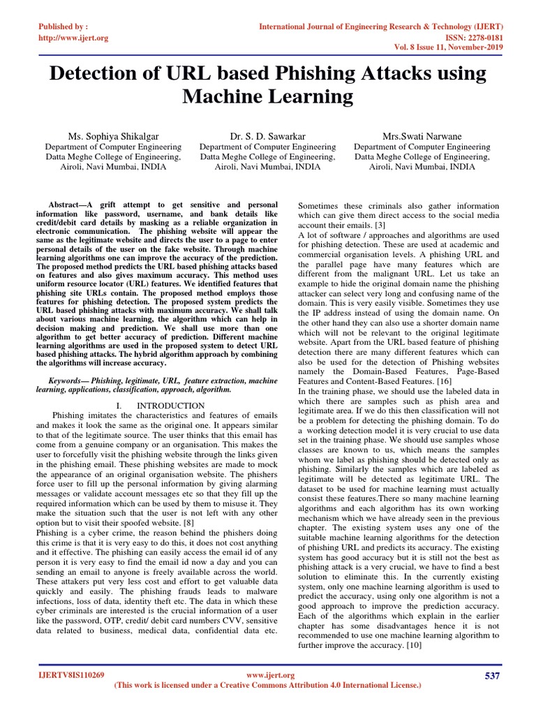 Detection of Url Based Phishing Attacks Using Machine Learning IJERTV8IS110269 | PDF | Phishing ...