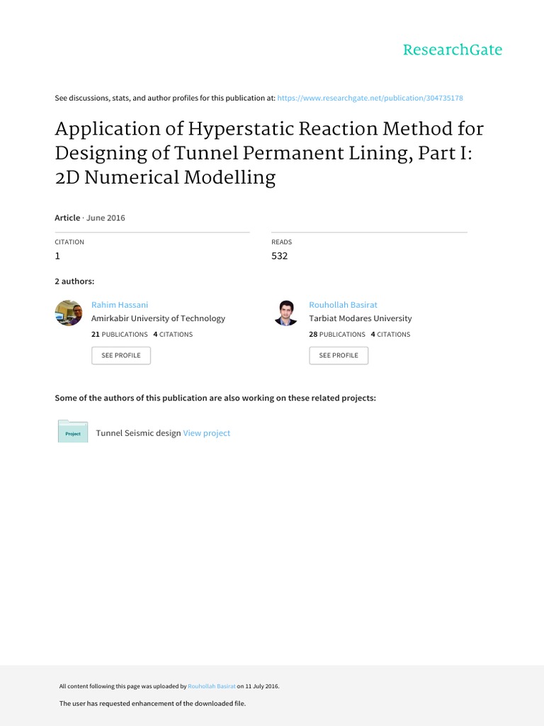 Application of Hyperstatic Reaction Method For Designing of Tunnel Permanent Lining, Part I: 2D ...