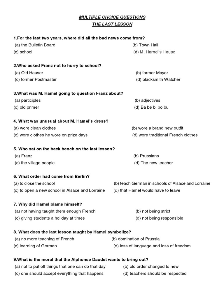 The Last Lesson MCQ | PDF