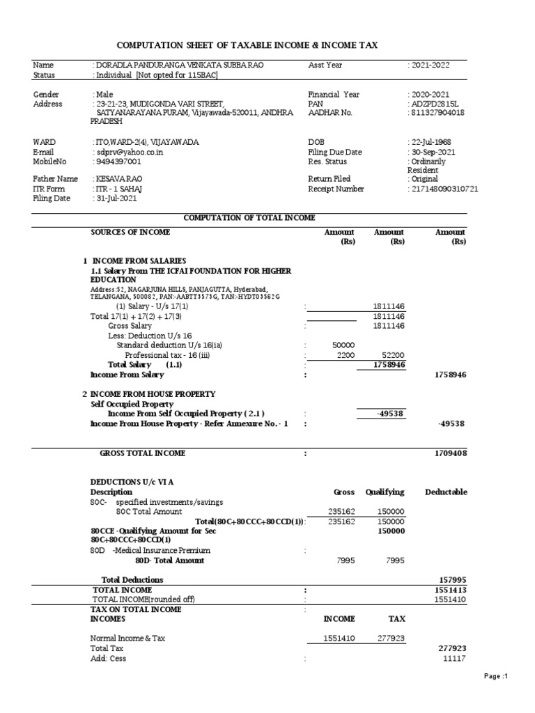 Computation Sheet of Taxable Income & Income Tax | PDF | Income | Taxes