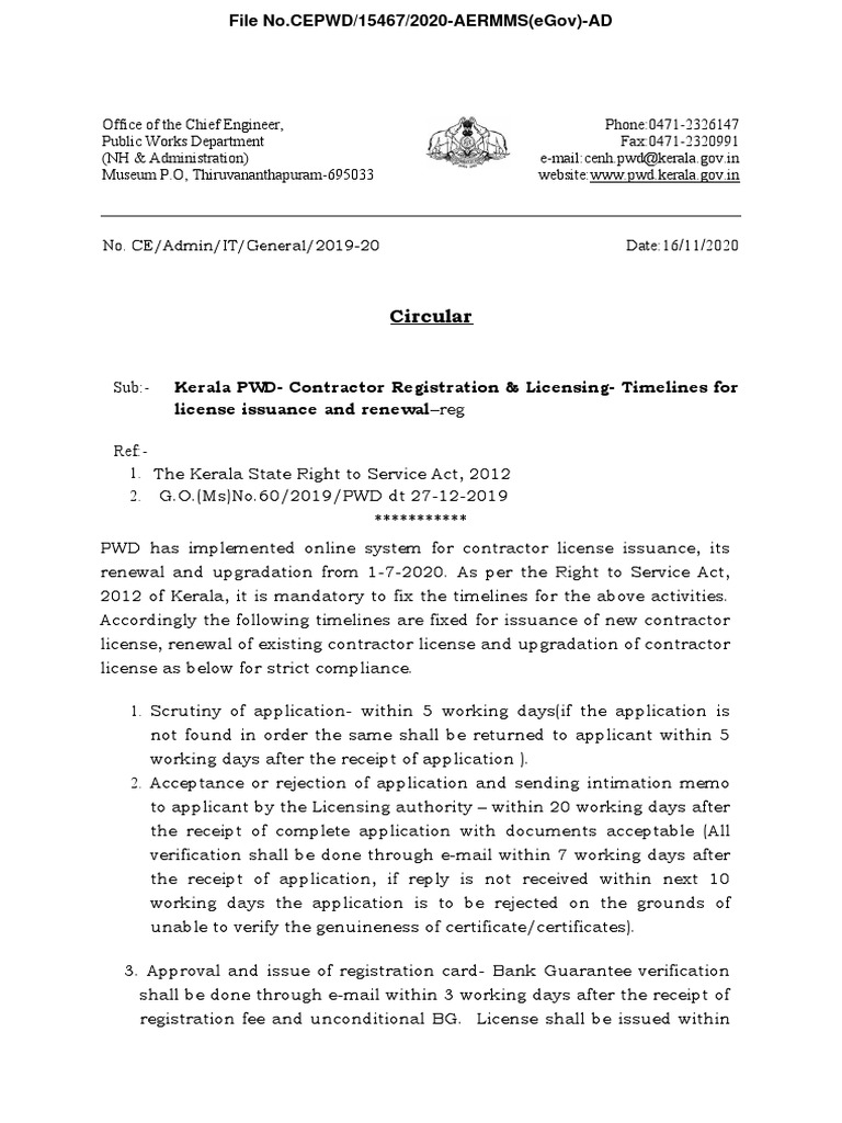 Circular: Kerala PWD-Contractor Registration & Licensing - Timelines ...