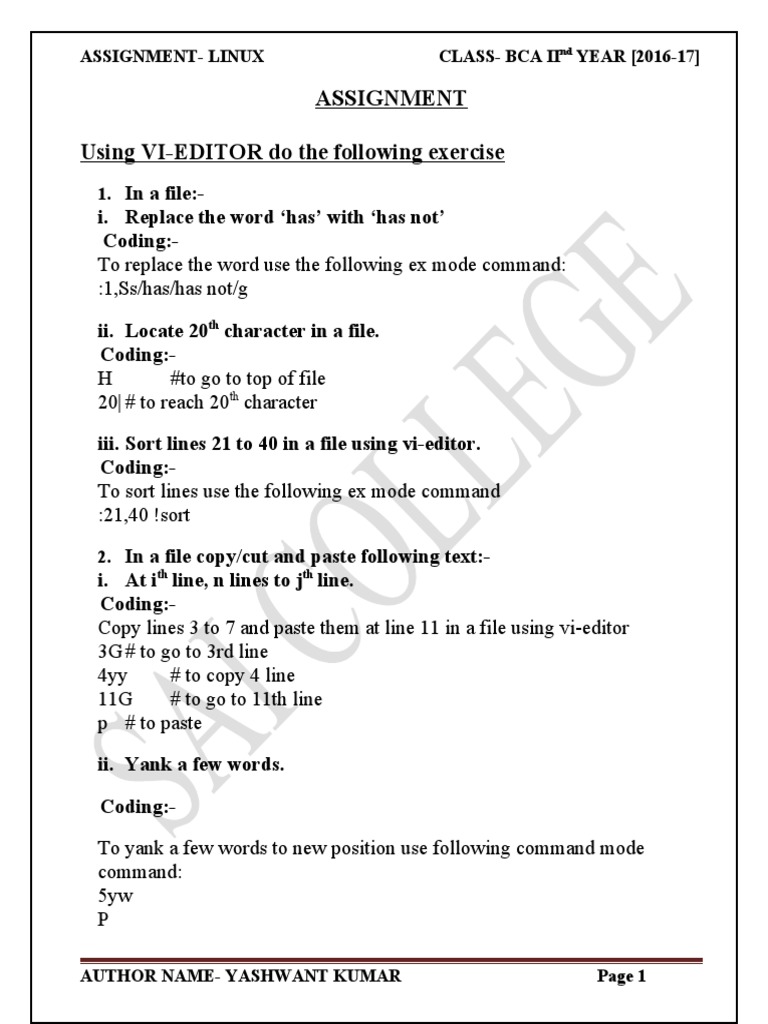 Assignment Using VI-EDITOR Do The Following Exercise: Assignment-Linux Class - Bca Ii YEAR (2016 ...
