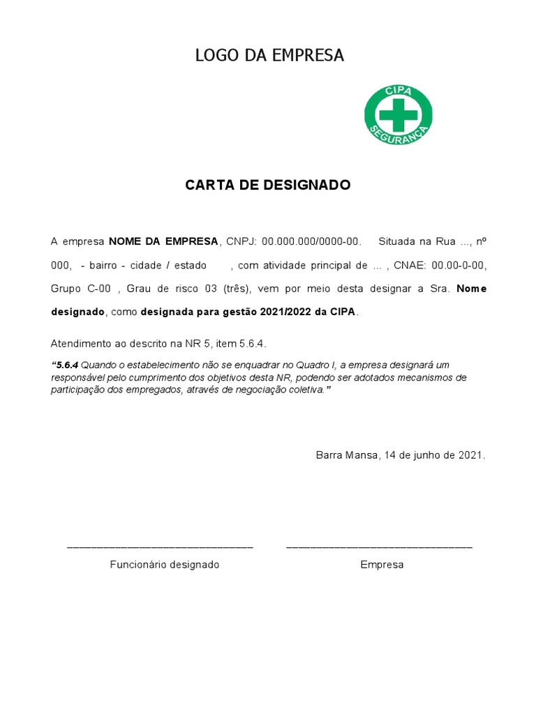 Carta de Designação Da CIPA - em Branco | PDF Carta de Designação Da CIPA - em Branco | PDF