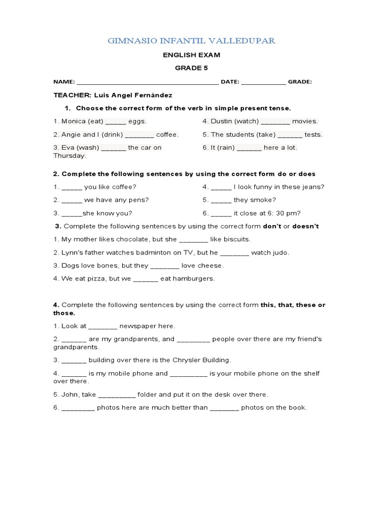 English Exam Grade 5 | PDF