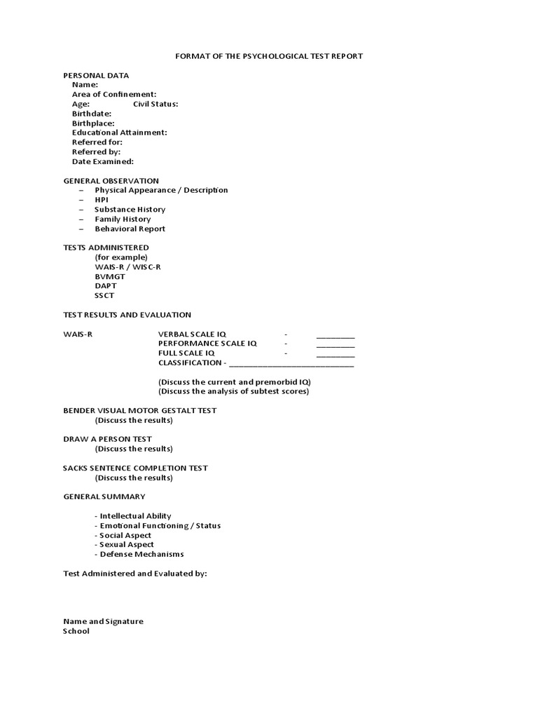 Psychological Test Report Format | PDF