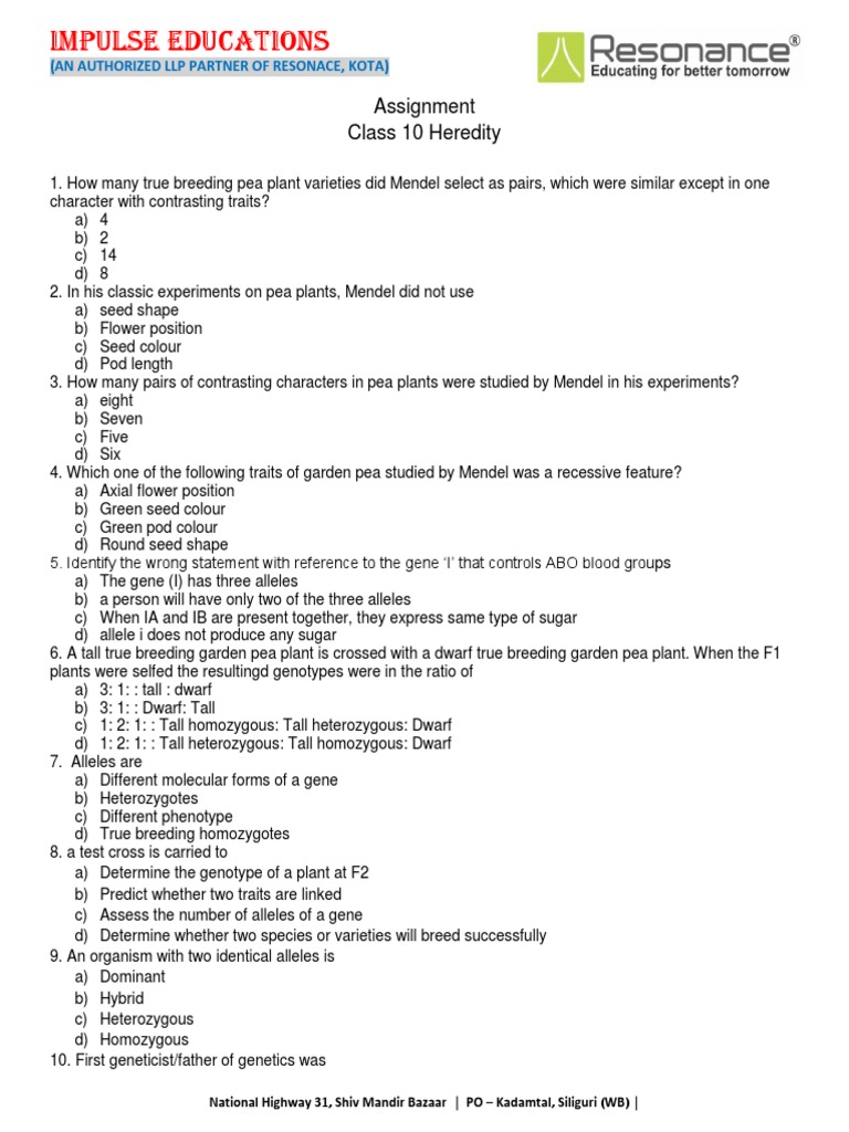 Impulse Educations: Assignment Class 10 Heredity | PDF | Zygosity | Allele