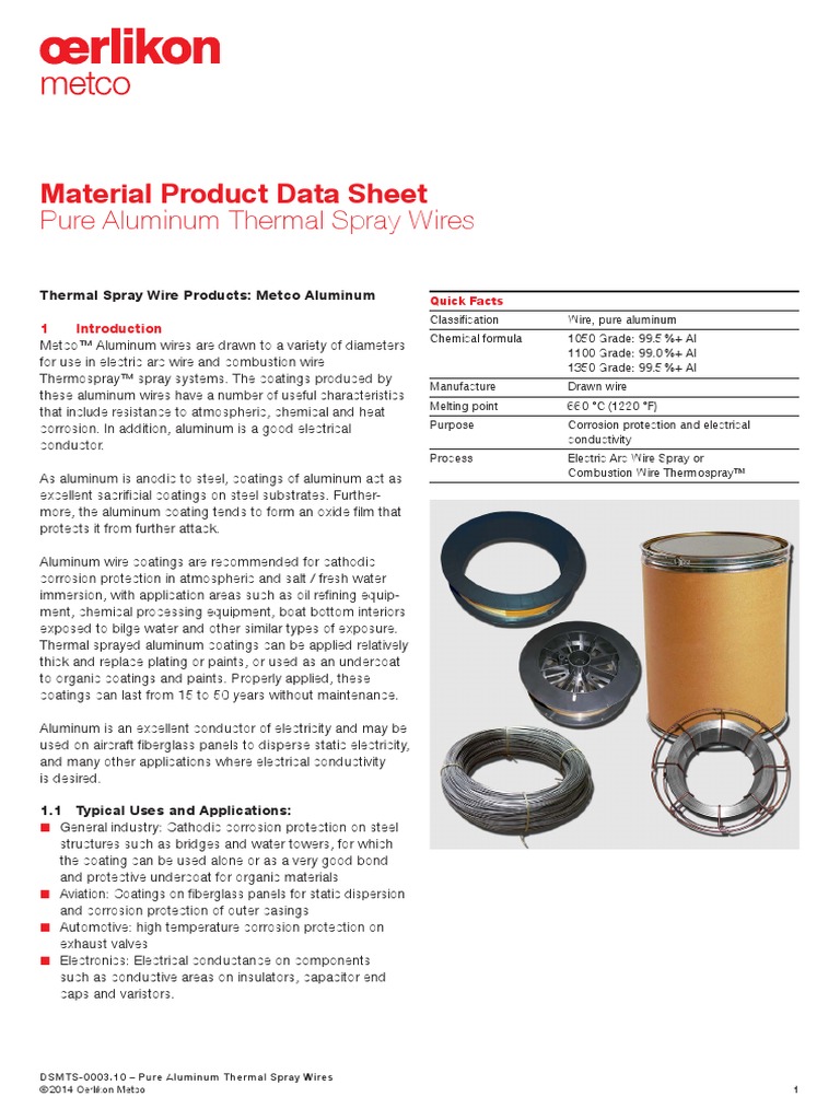 Material Product Data Sheet Pure Aluminum Thermal Spray Wires | PDF ...