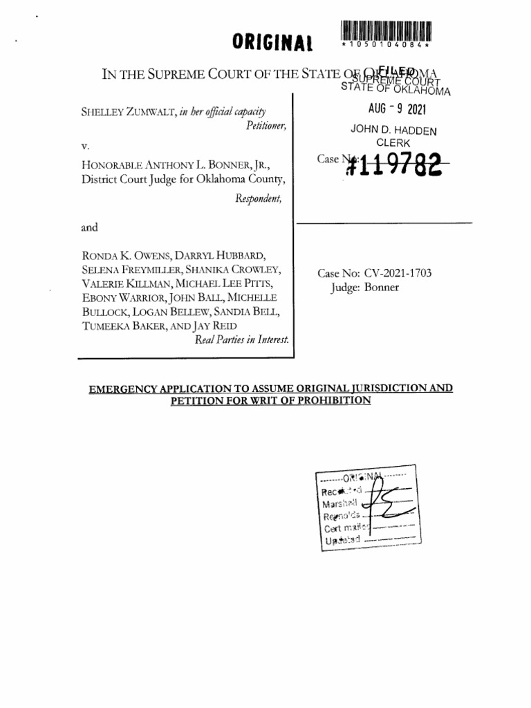 Emergency Application To Assume Original Jurisdiction and Petition For Writ of Prohibition Filed ...
