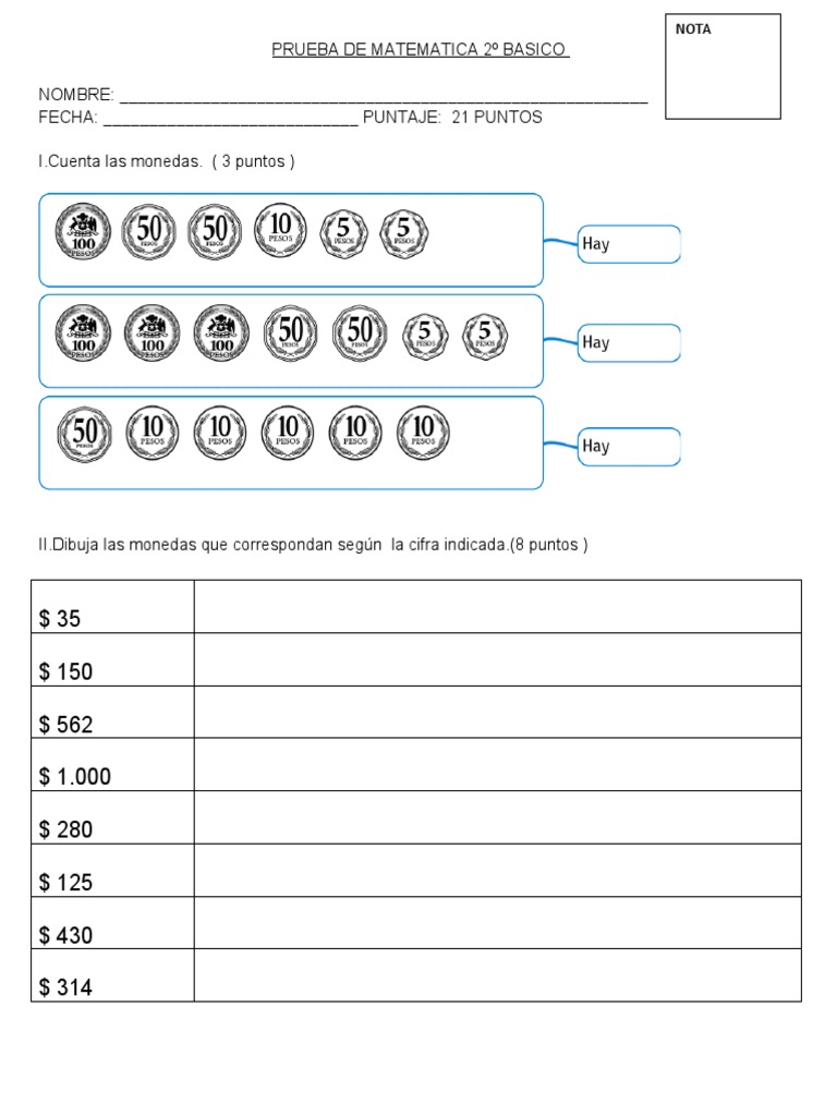 PRUEBA DE MATEMATICA Monedas | PDF